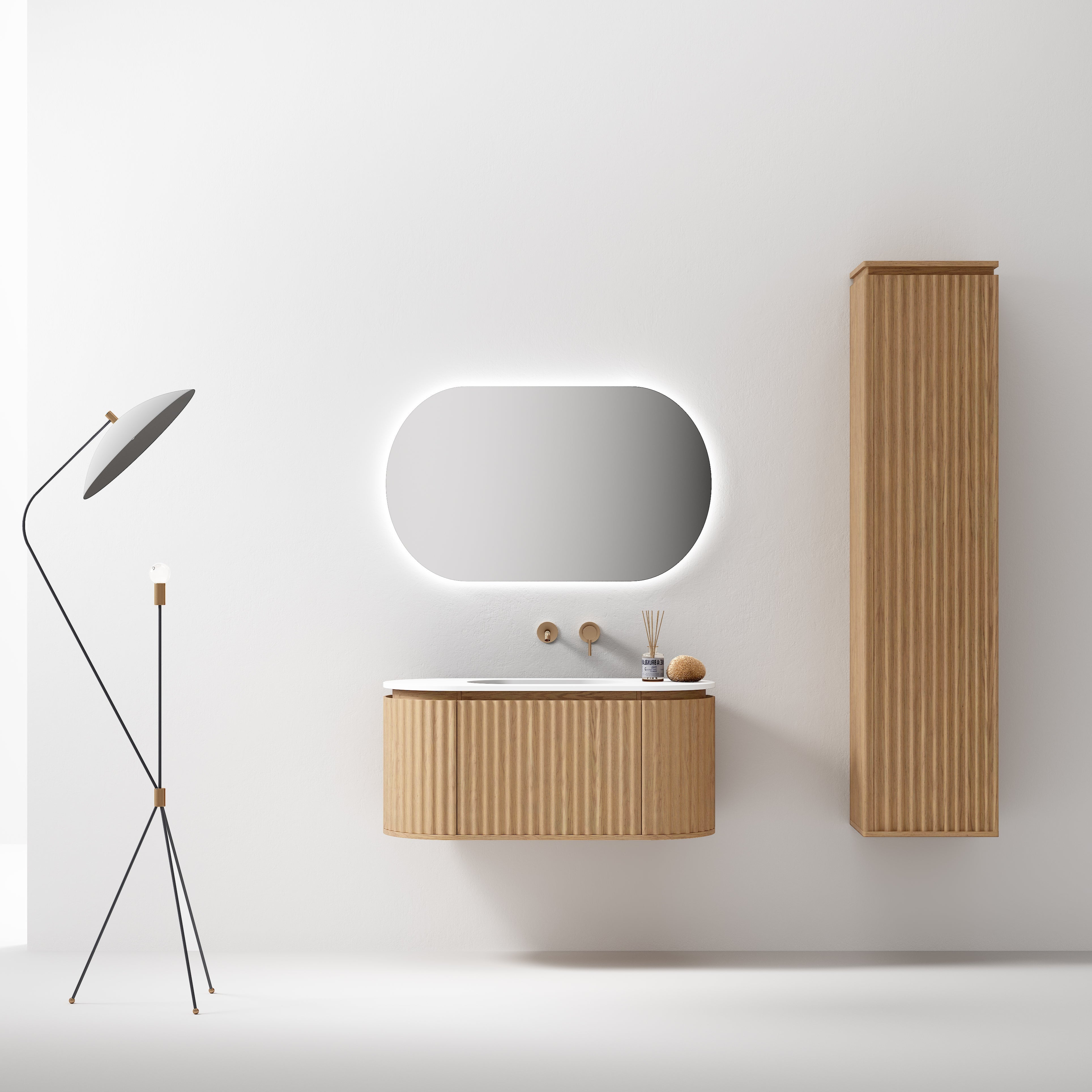 Nordic shape baderomsmøbel 120 cm med ledspeil og høyskap, eik V2 – Nygaard Bad