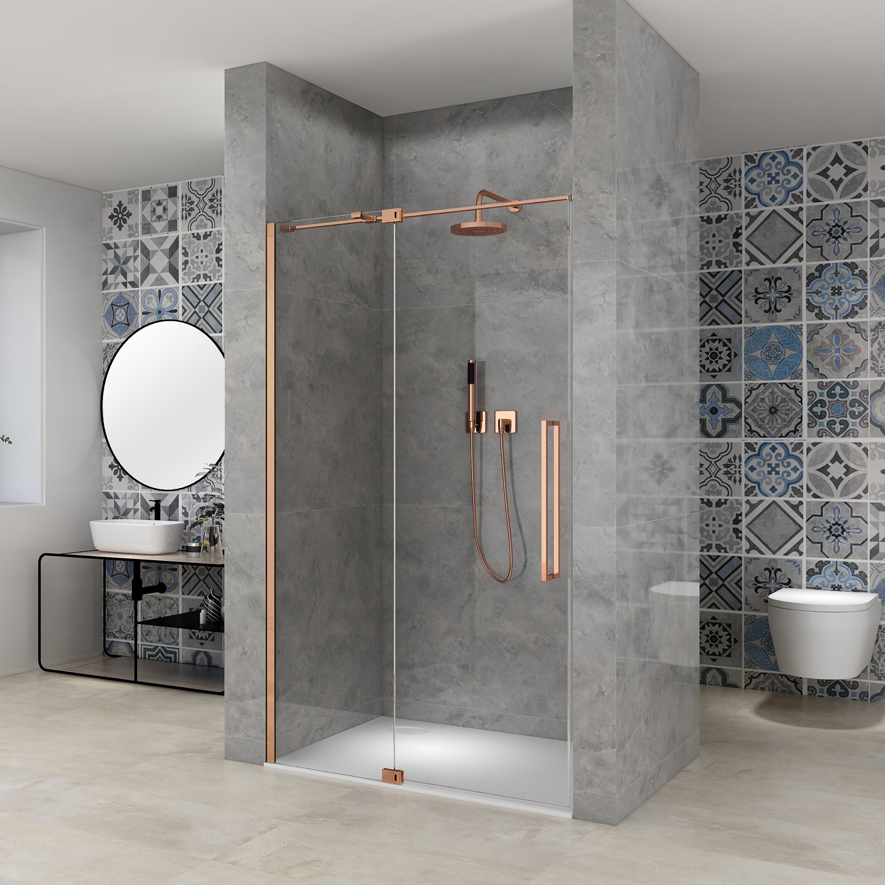 Ava nisjedør med fastfelt, børstet kobber – Nygaard Bad