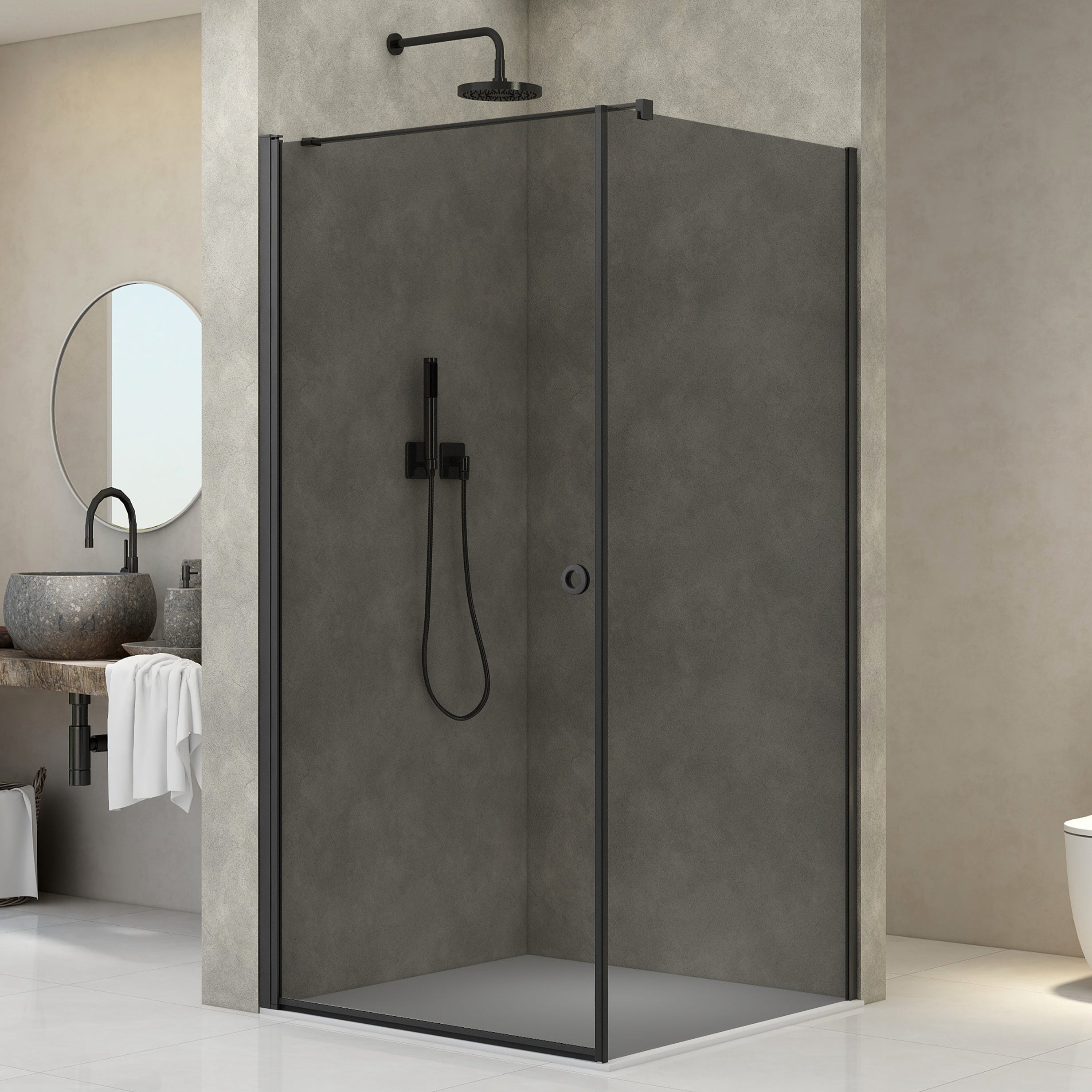 Adelen 100 cm dør + sidefastfelt 100 cm sotet glass, sort matt profil ...
