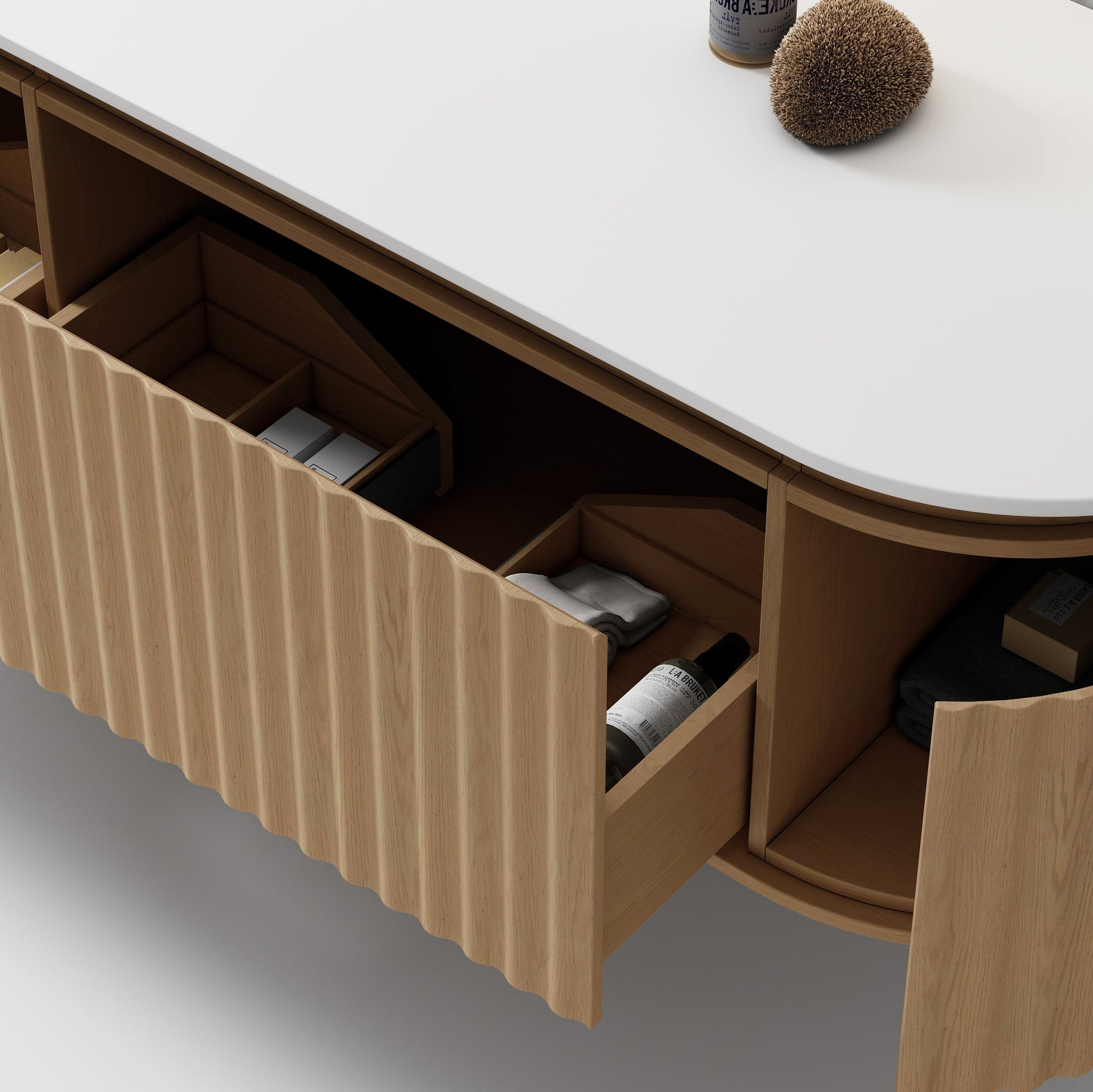 Nordic shape 180 med enkel/servant og speil eik – Nygaard Bad