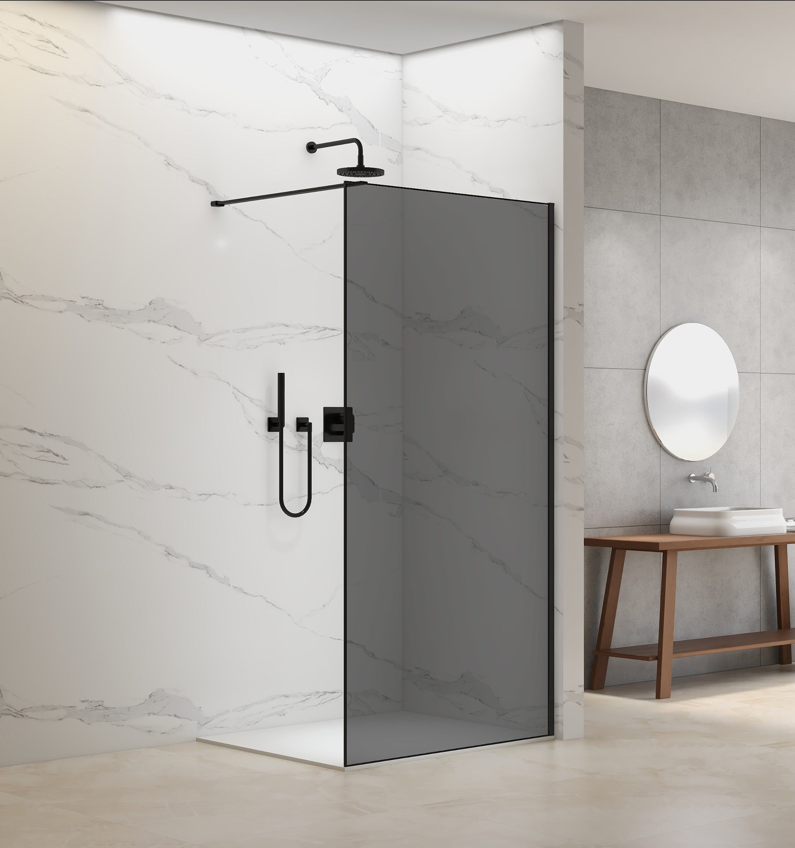 Nelly pro dusjvegg med 8 mm sotet glass, sort matt profil – Nygaard Bad